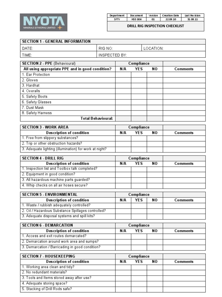 Inspection Checklist - Drill Rig | PDF | Drilling Rig | Personal Protective Equipment