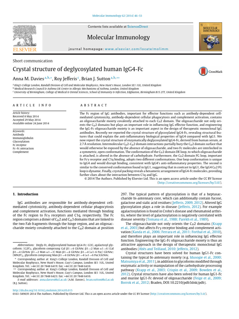Crystal Structure of Deglycosylated IgG4-Fc | PDF | Immunoglobulin G ...