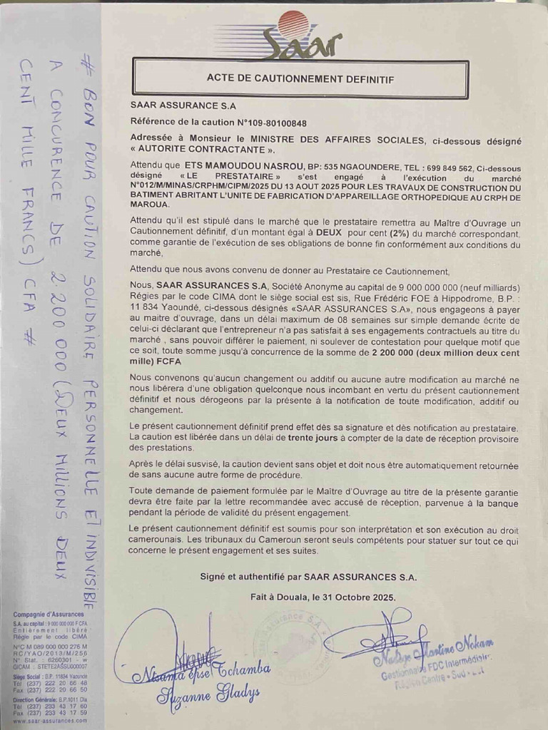 Cautionnement Définitif SAAR Assurances | PDF | Cautionnement | Contrat ...