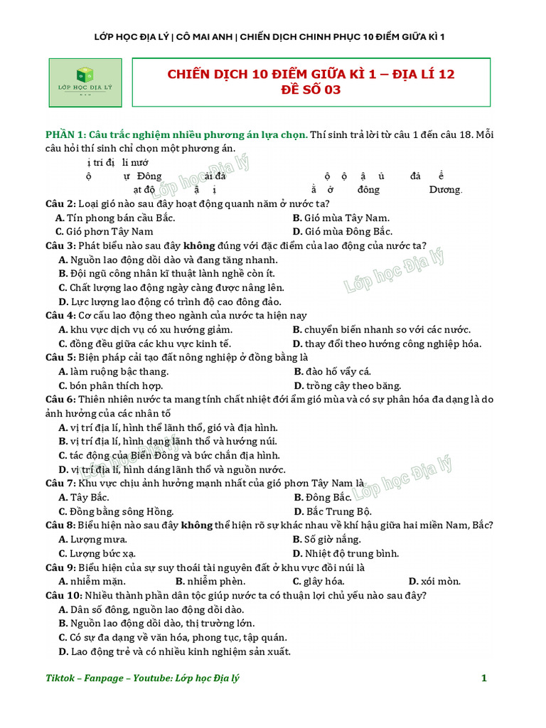 [Địa 12] Ôn Tập Gk Đề Số 3 | PDF