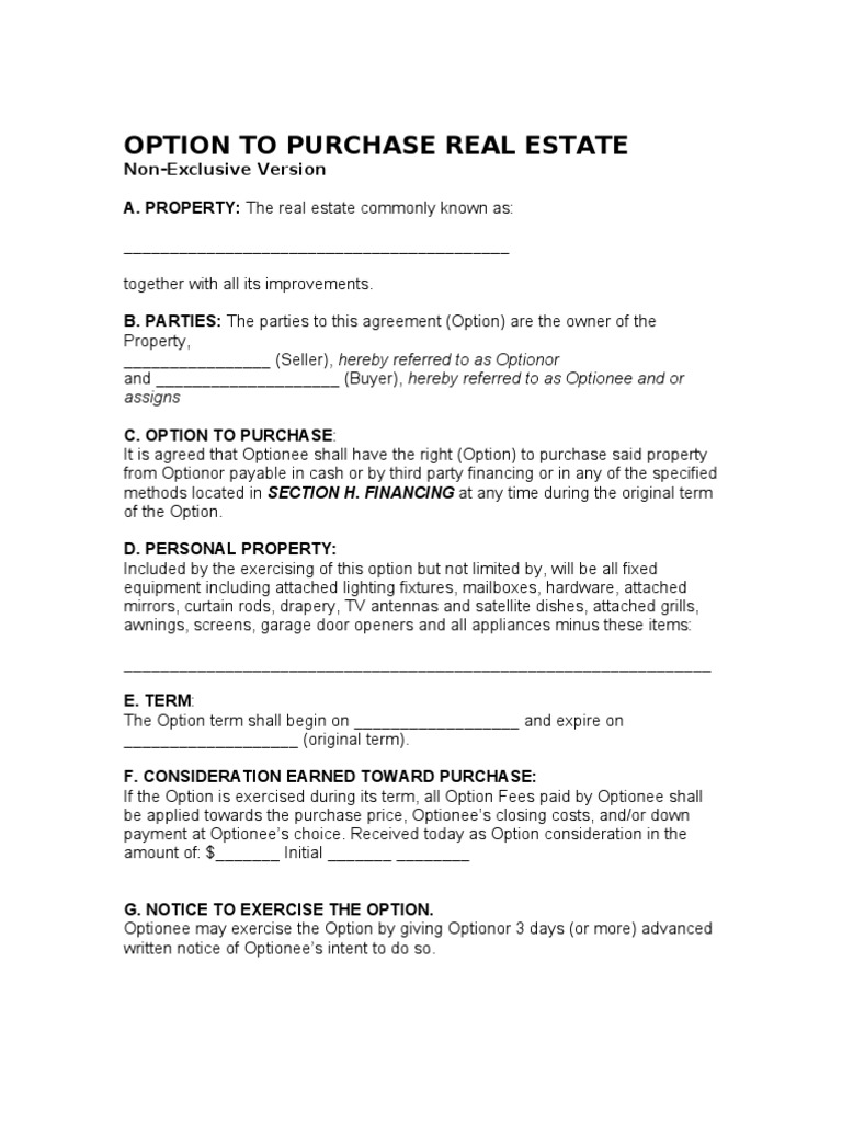 Option To Purchase Real Estate | PDF | Option (Finance) | Lease