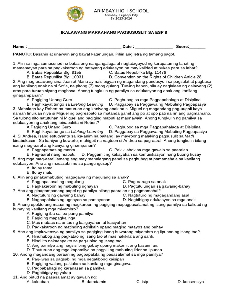 Second Quarter Assessment ESP 8-SY25-26 | PDF