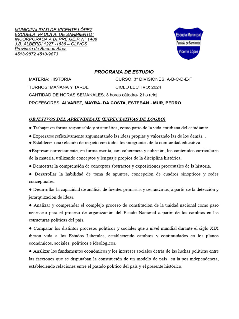 3° HISTORIA. Programa 2024 | PDF | Argentina | América del Sur