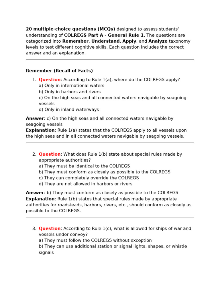 COLREGS Part A MCQs for Students | PDF