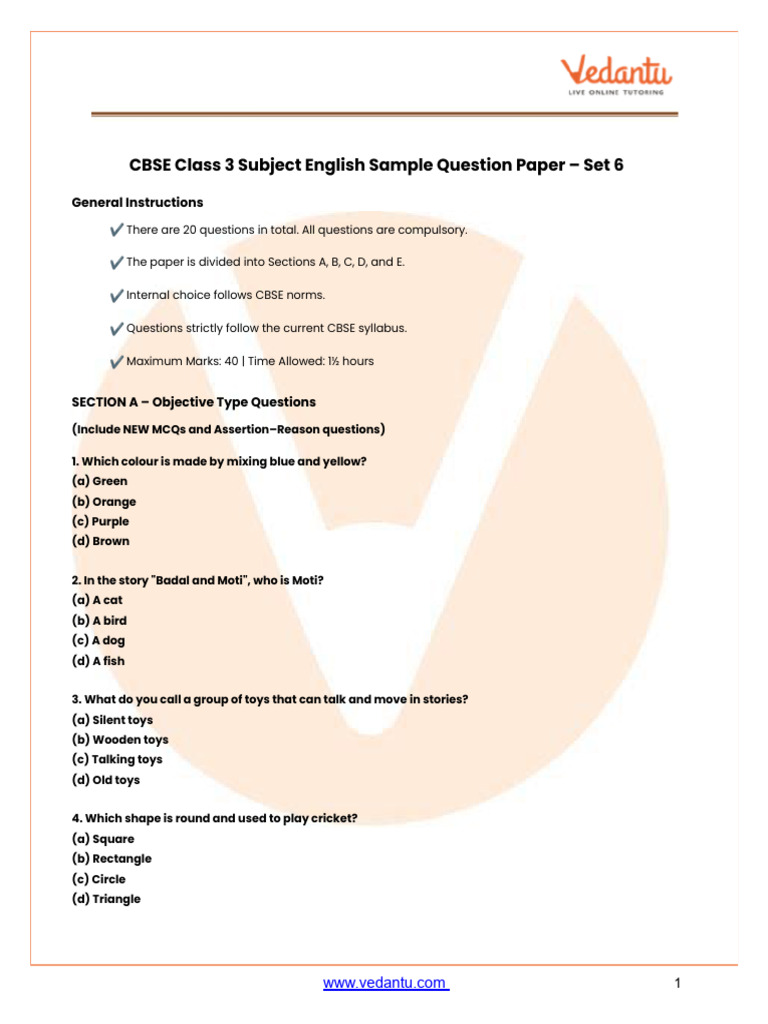 CBSE Class 3 English Sample Paper 2025-26 (Mock Paper 6) | PDF ...