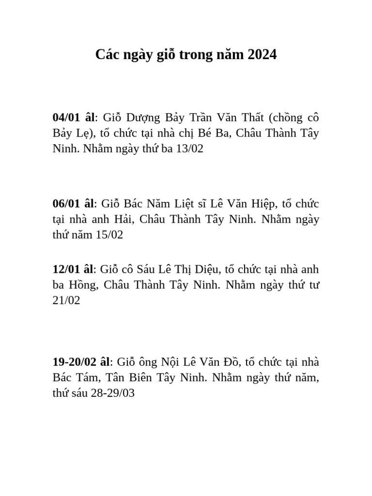 Các Ngày Giỗ Trong Năm 2024 | PDF
