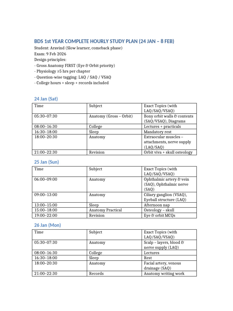 BDS 1st Year Study Plan: Jan-Feb 2026 | PDF | Neck | Anatomy