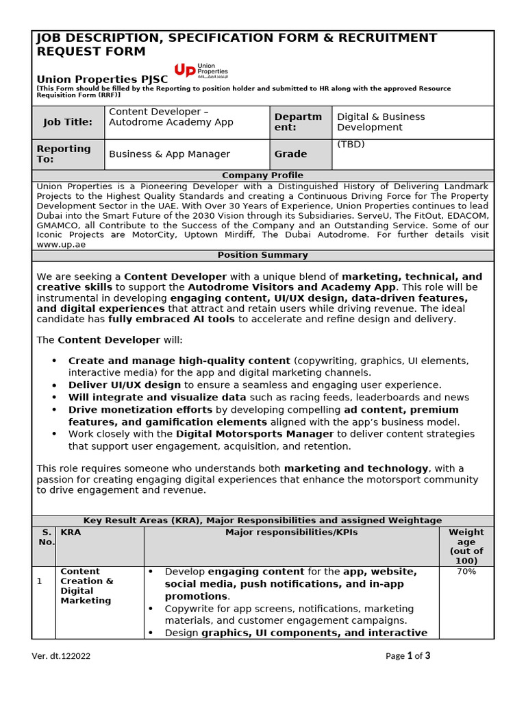 Content Developer Job Description - Autodrome | PDF | Mobile App | Business