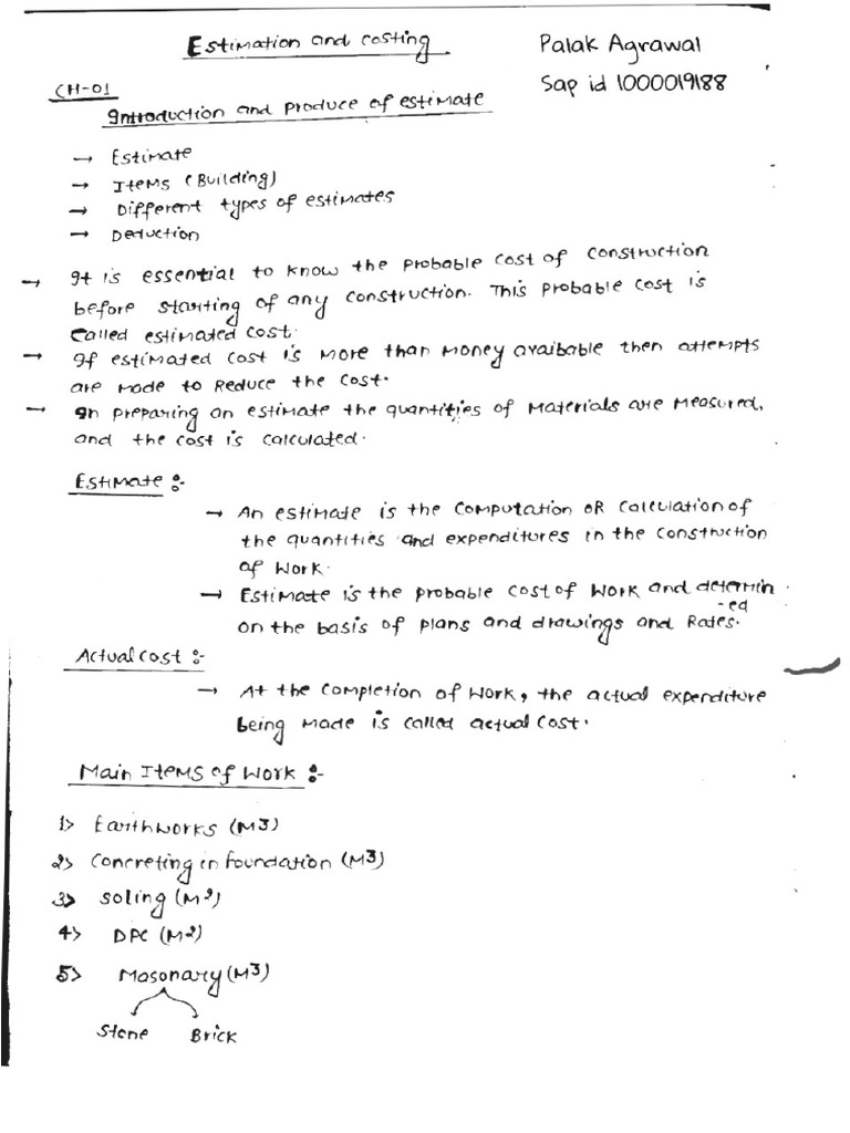 Estimation and Costing Notes | PDF