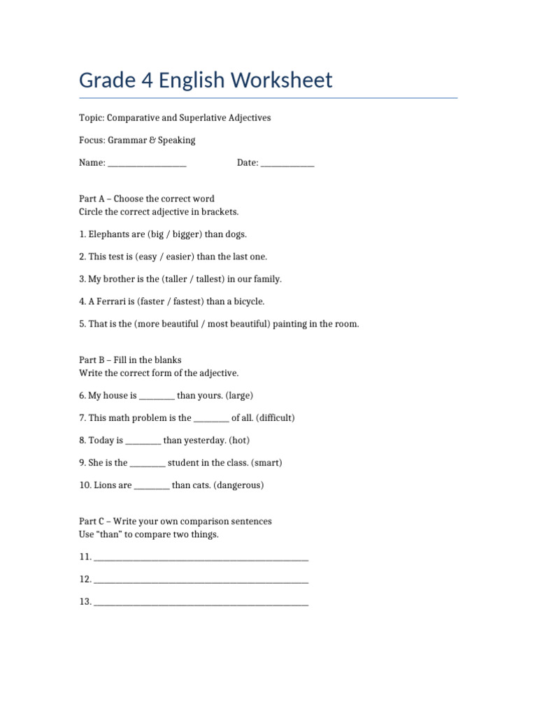 Comparative Superlative Grade4 Worksheet | PDF
