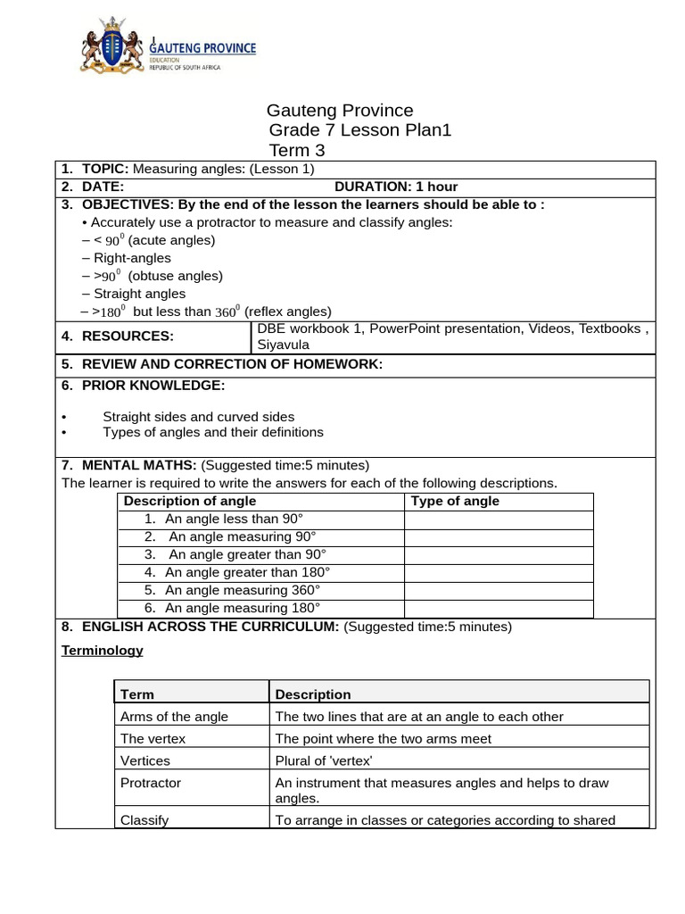 Grade 7 All Term 3 Lesson Plans 2 | PDF | Line (Geometry) | Circle