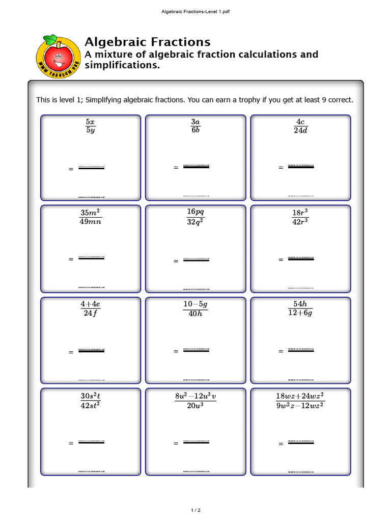 Algebraic Fractions Practice and Tests | PDF | Algebra | Mathematics