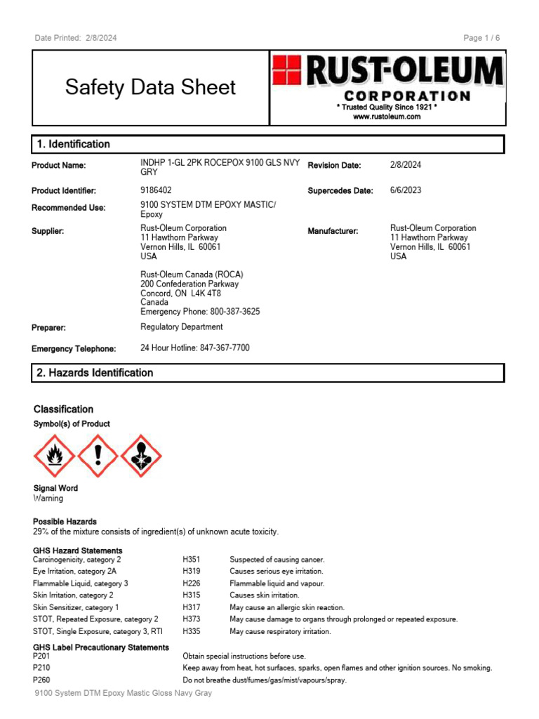 9100 System Epoxy Mastic Safety Data | PDF | Firefighting | Hazardous Waste
