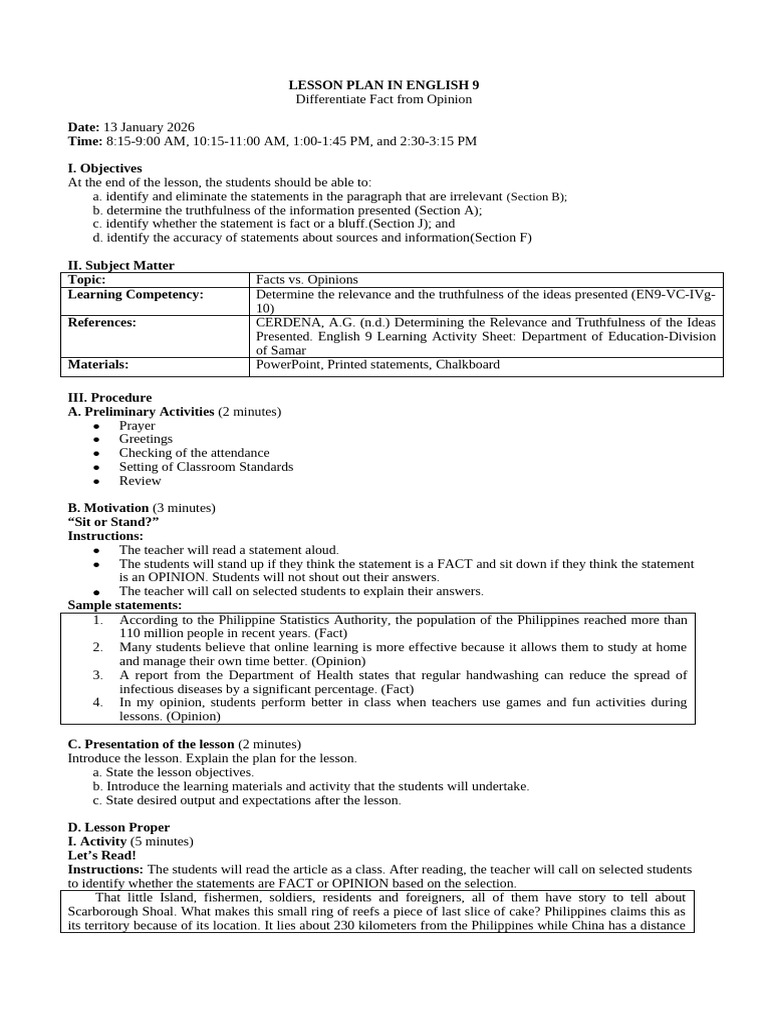 Fact vs. Opinion Lesson Plan for English 9 | PDF | Information | Cognition