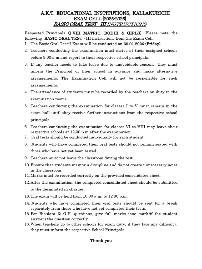 Basic Oral Test - III Instructions | PDF