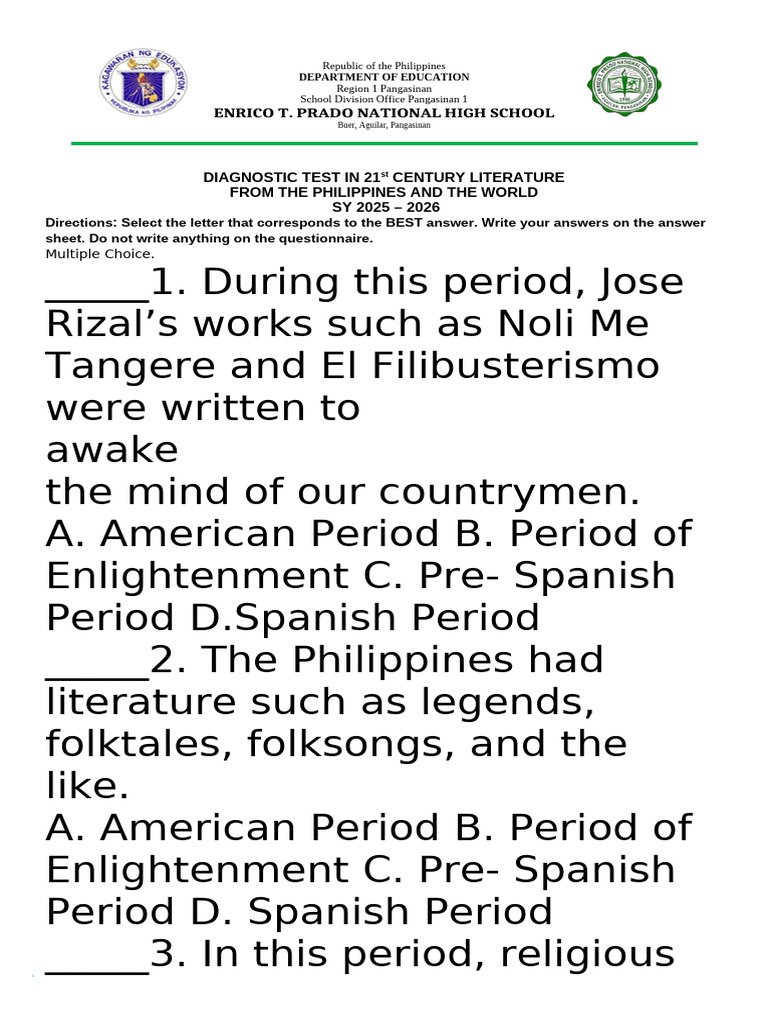 Diagnostic Test | PDF | Philippines | Poetry