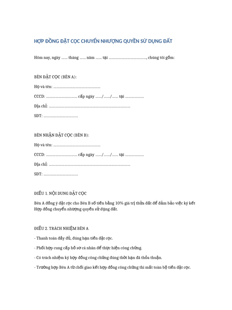 Hop Dong Dat Coc 10 Phan Tram | PDF