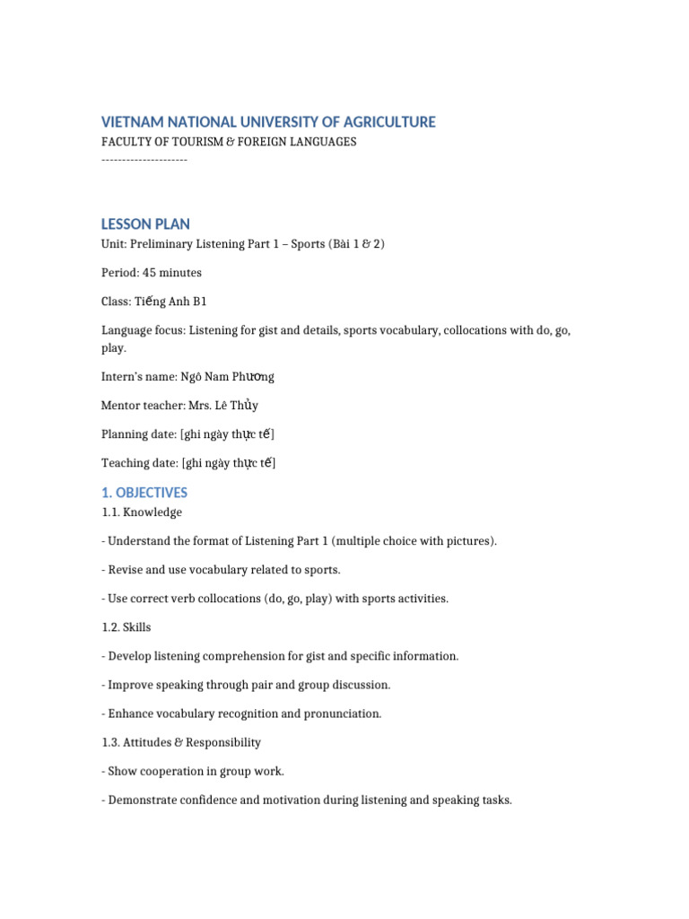 Sports Listening Lesson Plan B1 | PDF | Vocabulary | Lesson Plan