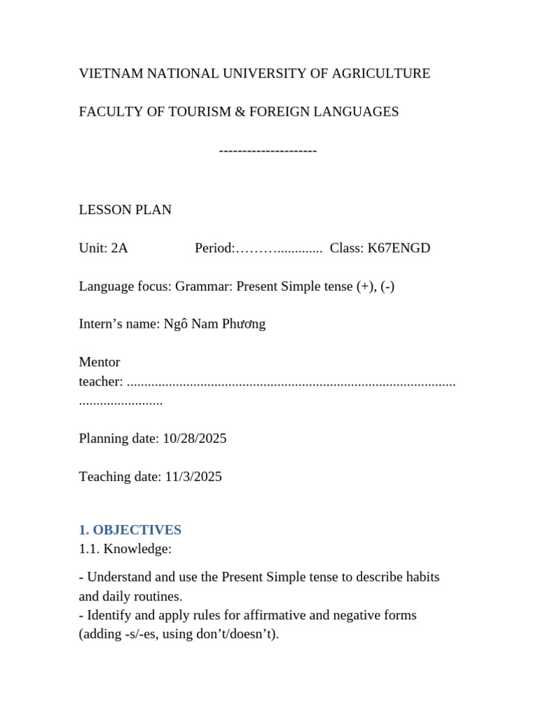 Present Simple Tense Lesson Plan | PDF | Cognitive Science | Cognition