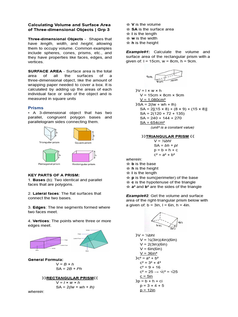 Volume & Surface Area of 3D Shapes | PDF | Area | Triangle