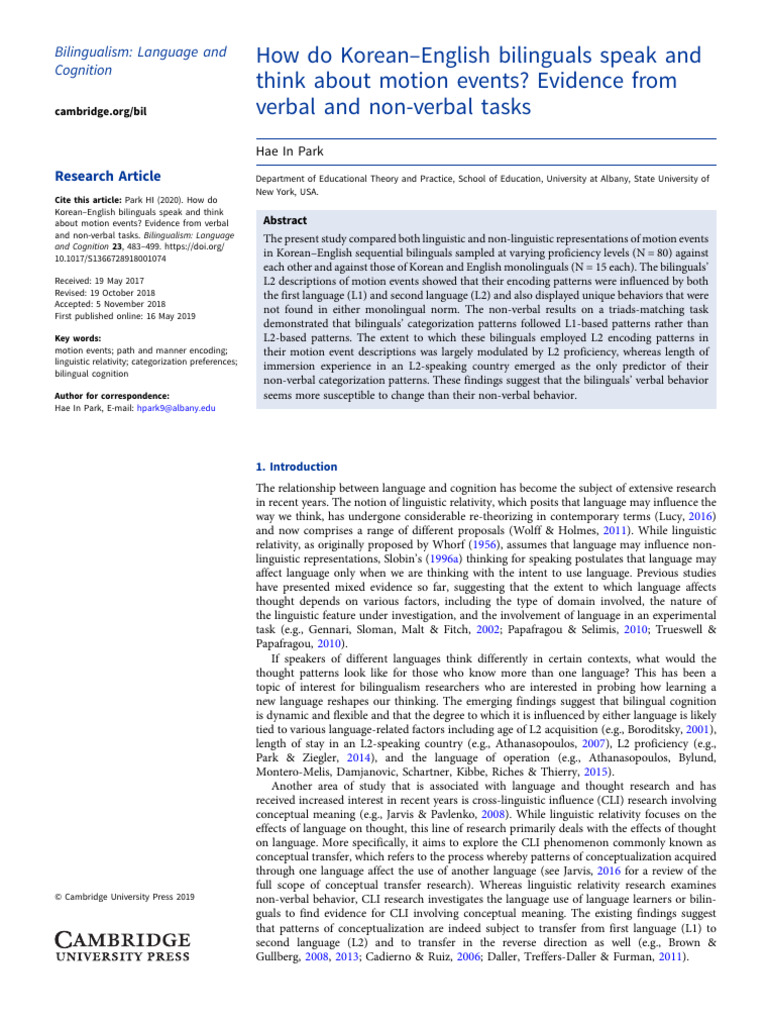 How Do Korean English Bilinguals Speak and Think About Motion Events ...