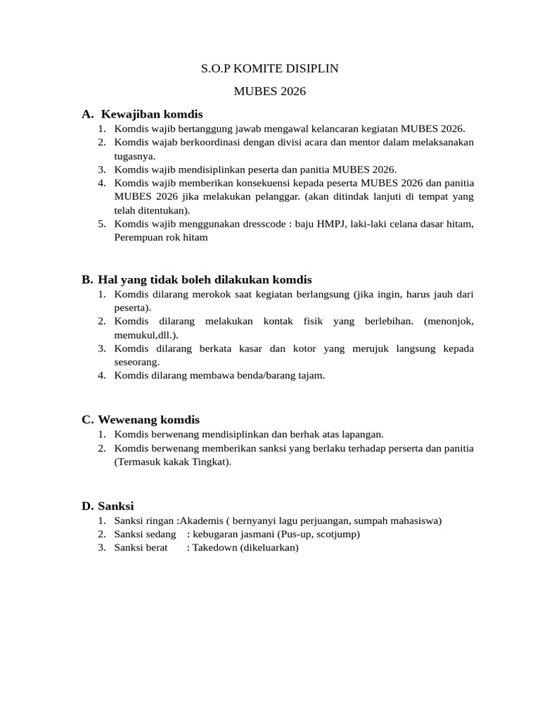 SOP Komite Disiplin MUBES 2026 | PDF