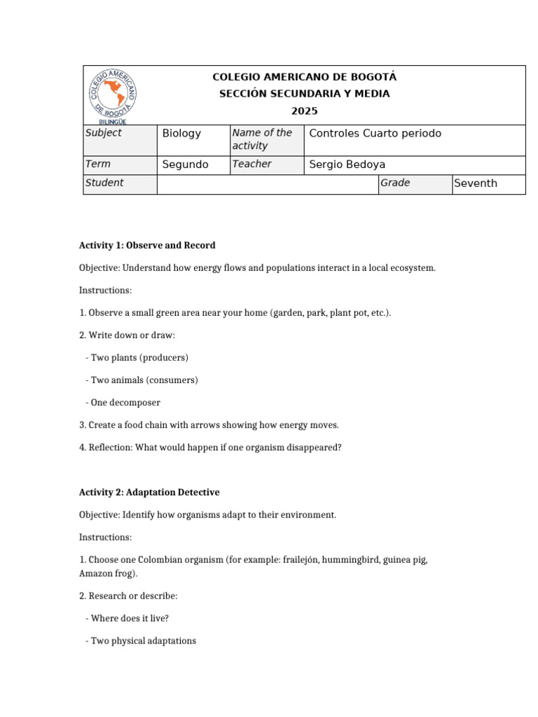 7th Grade Biology Ecosystem Activities | PDF | Ecology | Ecosystem