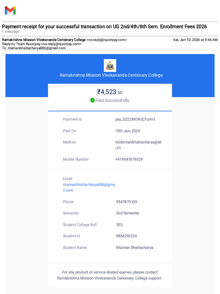 UG Enrollment Fee Payment Receipt 2026 | PDF