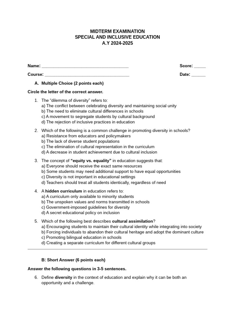 Midterm Exam: Special Education Diversity | PDF | Multiculturalism ...