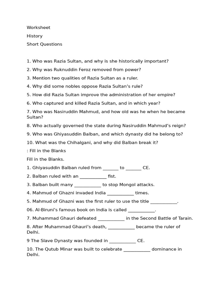 Historical Worksheet on Razia Sultan | PDF