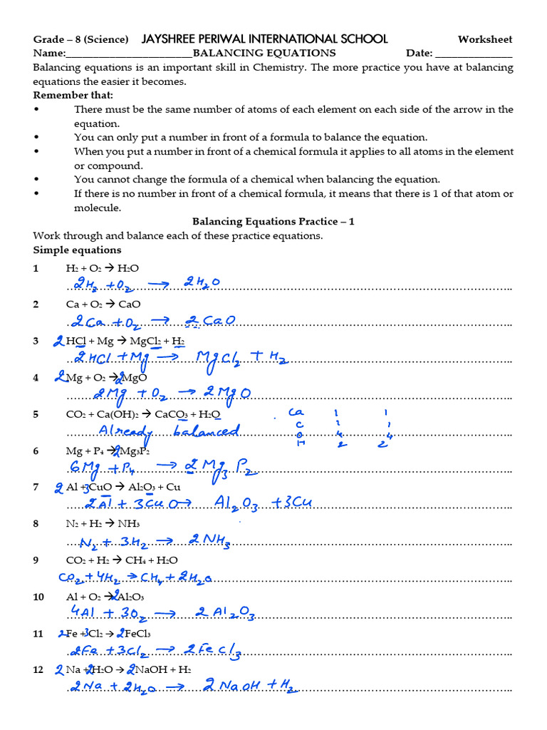 8th Grade Chemistry: Balancing Equations Worksheet | PDF