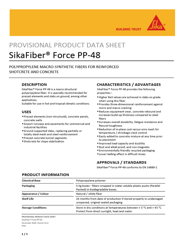 SikaFiber® Force PP-48 Product Overview | PDF | Concrete | Precast Concrete