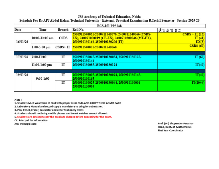 B.Tech I Semester Practical Exam Schedule | PDF