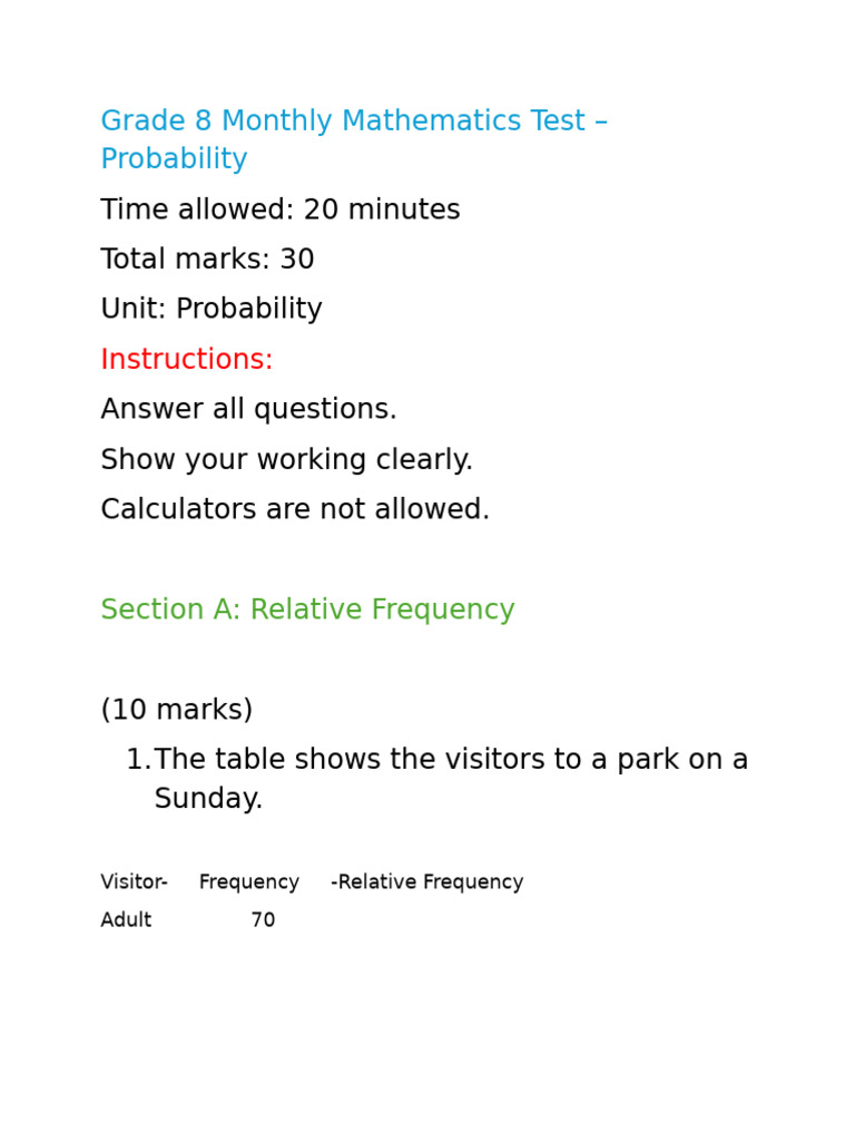 Grade 8 Probability Test Questions | PDF
