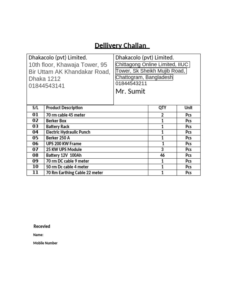 Delivery Challan for Dhakacolo Pvt Ltd | PDF