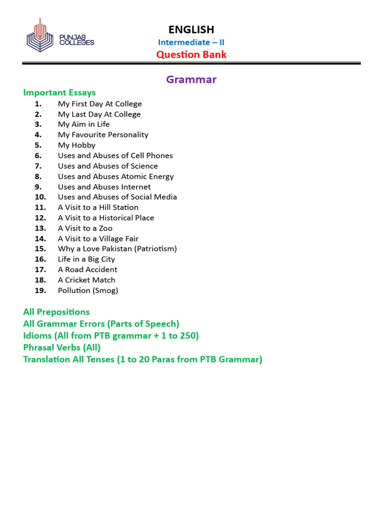 Intermediate English Grammar & Essays Guide | PDF