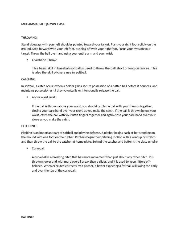 Softball Skills: Throwing, Catching, Pitching | PDF