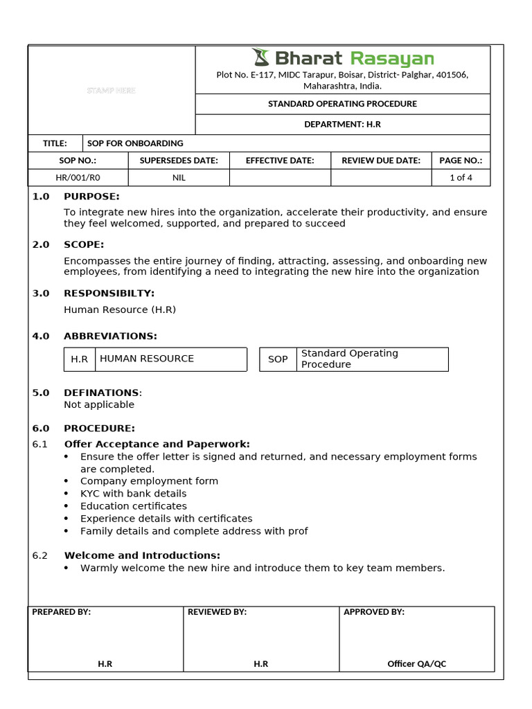 HR Sop r0 002 Onboarding | PDF | Safety | Business