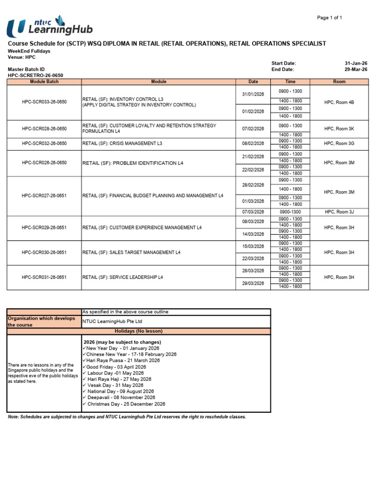 WSQ Diploma in Retail Course Schedule | PDF | Observances
