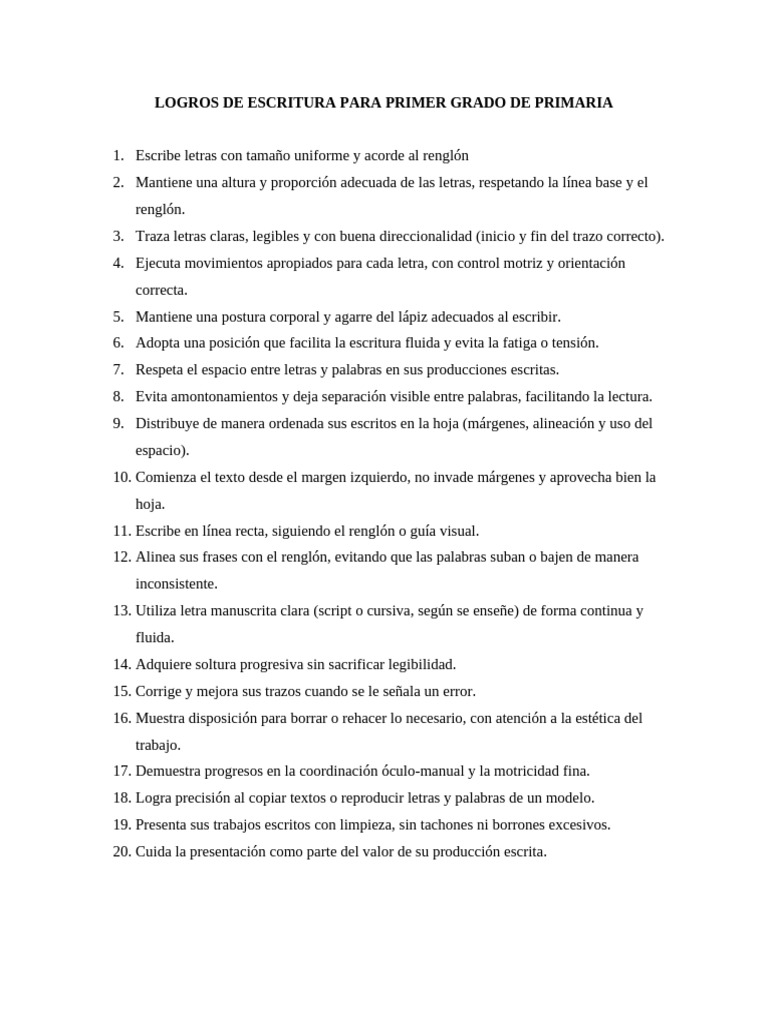 Logros de Escritura en Primer Grado | PDF | Caligrafía | Caso de carta
