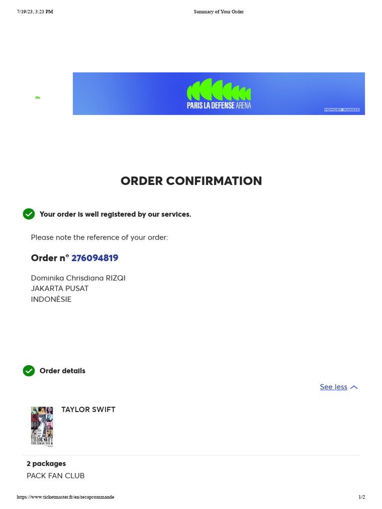 Taylor Swift Concert Order Confirmation | PDF