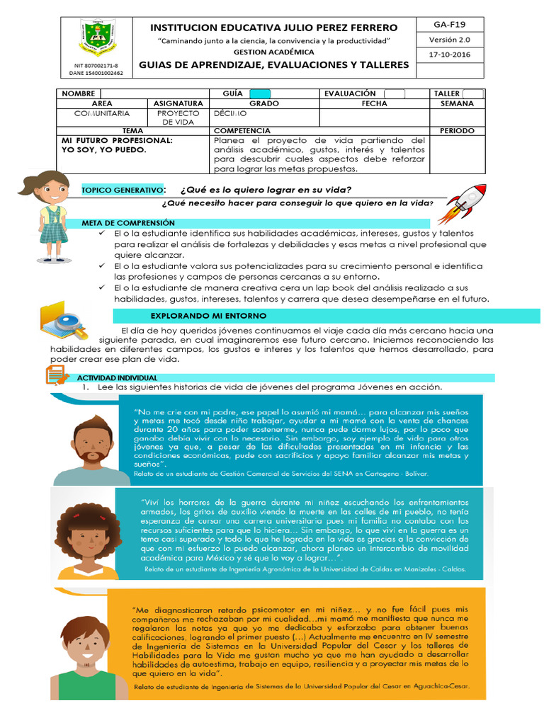 Guia 10. Mi Futuro Profesional Yo Soy Yo Puedo -Proyecto de Vida -Decimo | PDF | Autoestima ...