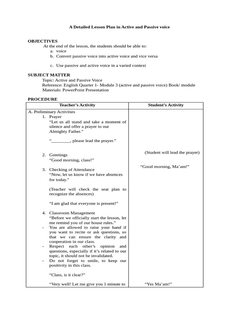 Lesson Plan: Active vs. Passive Voice | PDF | Subject (Grammar) | Verb