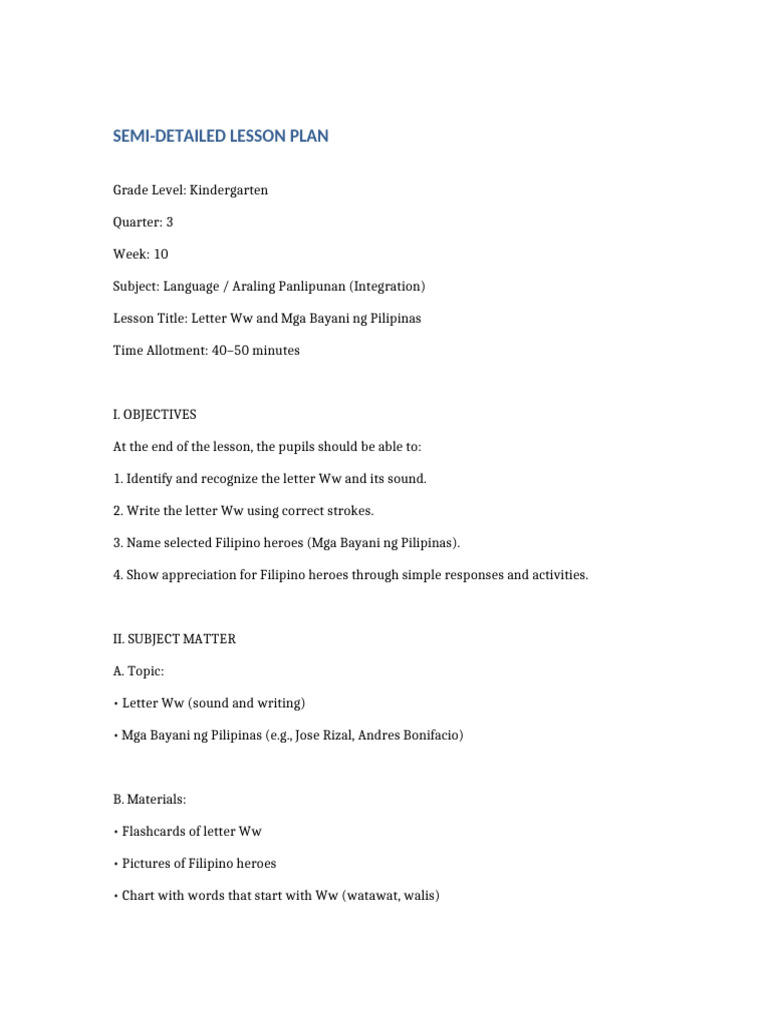 Letter Ww and Filipino Heroes Lesson Plan | PDF