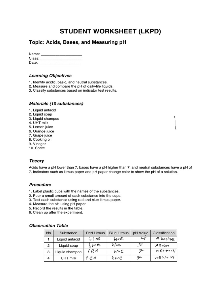 Acids, Bases, and pH Measurement Worksheet | PDF | Ph | Acid