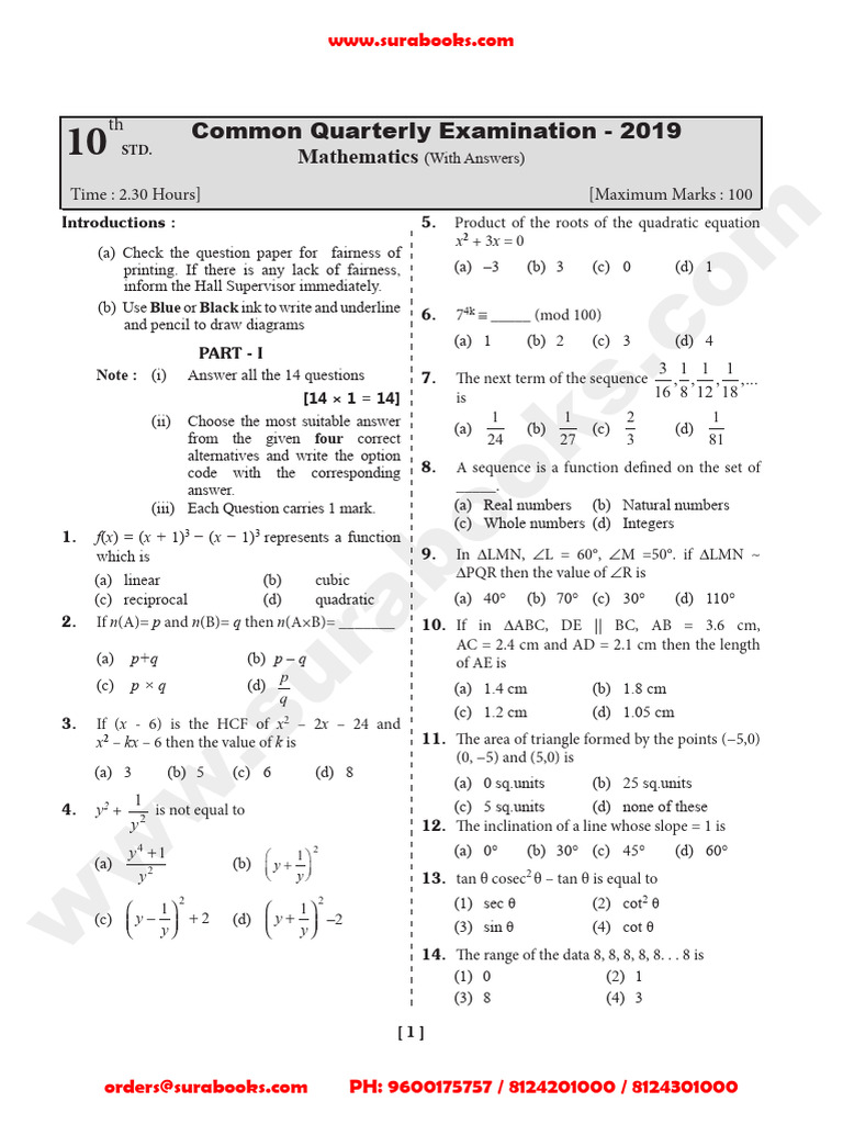 10th Std Mathematics Exam Paper 2019 | PDF | Slope | Quadratic Equation