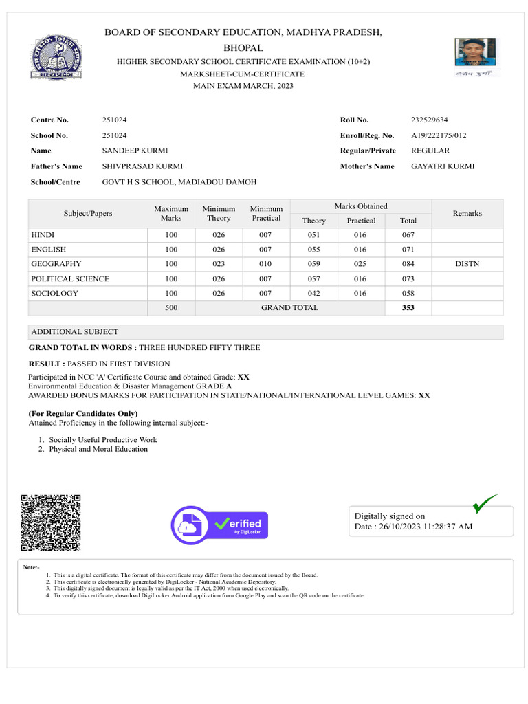 Class XII Marksheet | PDF