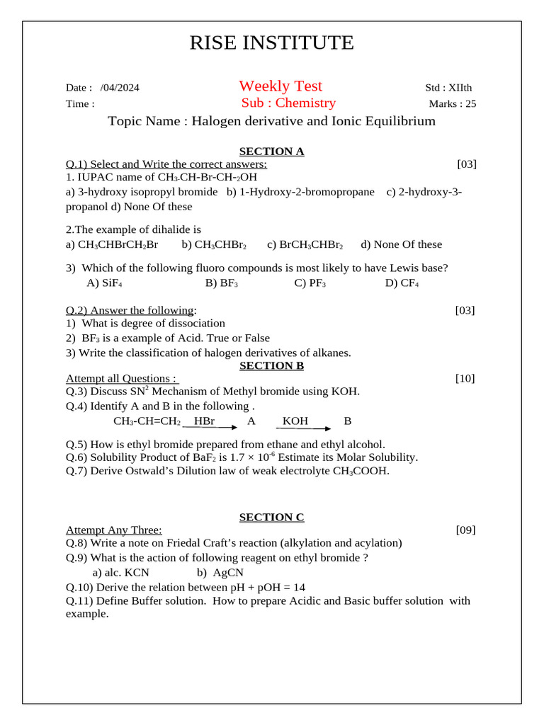 Chemistry Test: Halogen Derivatives & Equilibrium | PDF