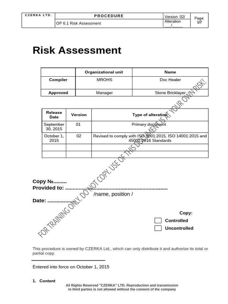 CZERKA Ltd. Risk Assessment Procedure | PDF | Risk | Risk Assessment