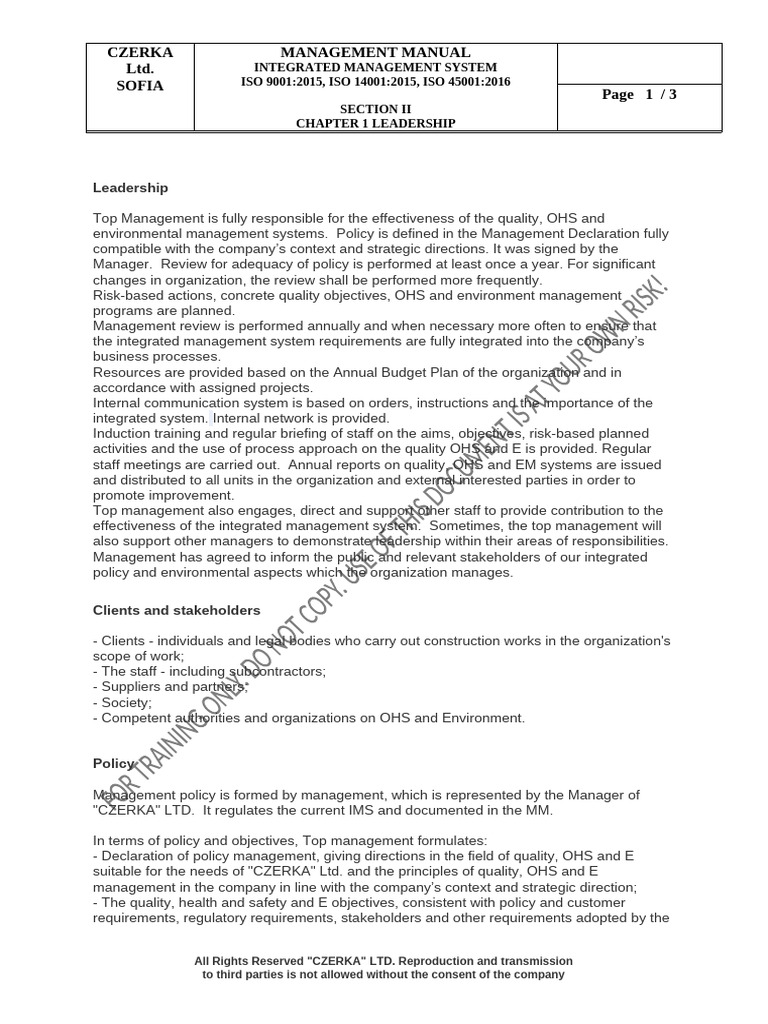 Leadership in Integrated Management System | PDF | Policy ...